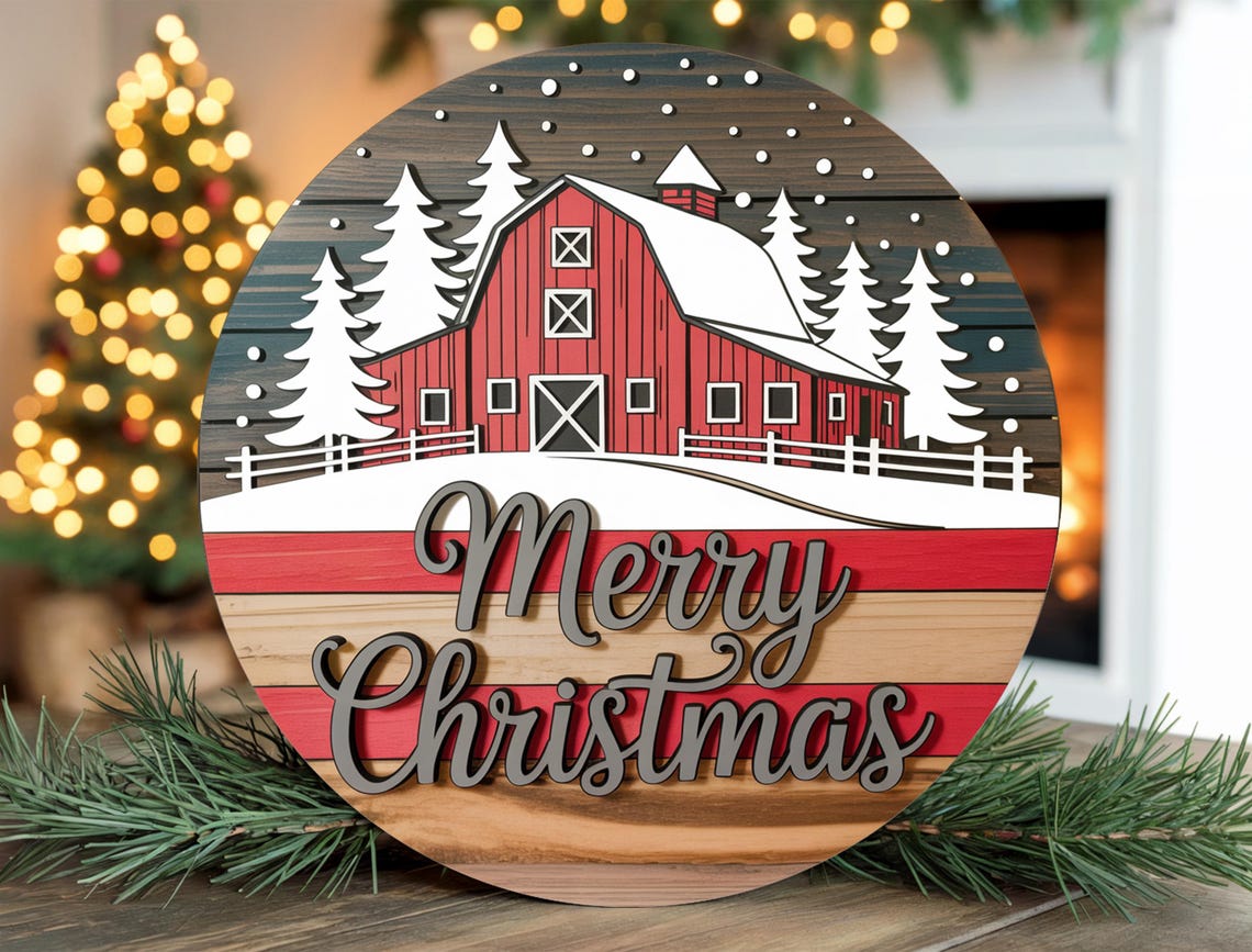 Rustic Farm Red Barn Christmas Door Sign | Striped Wood Round Sign ...