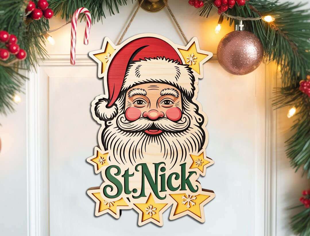 Vintage Santa Claus St. Nick Wooden Door Hanger | Christmas Star Decor ...