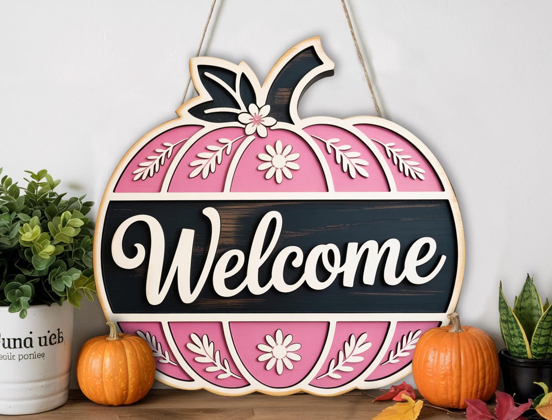 Pink Pumpkin Door Sign | Cute Welcome Halloween Sign | Feminine Pumpkin ...