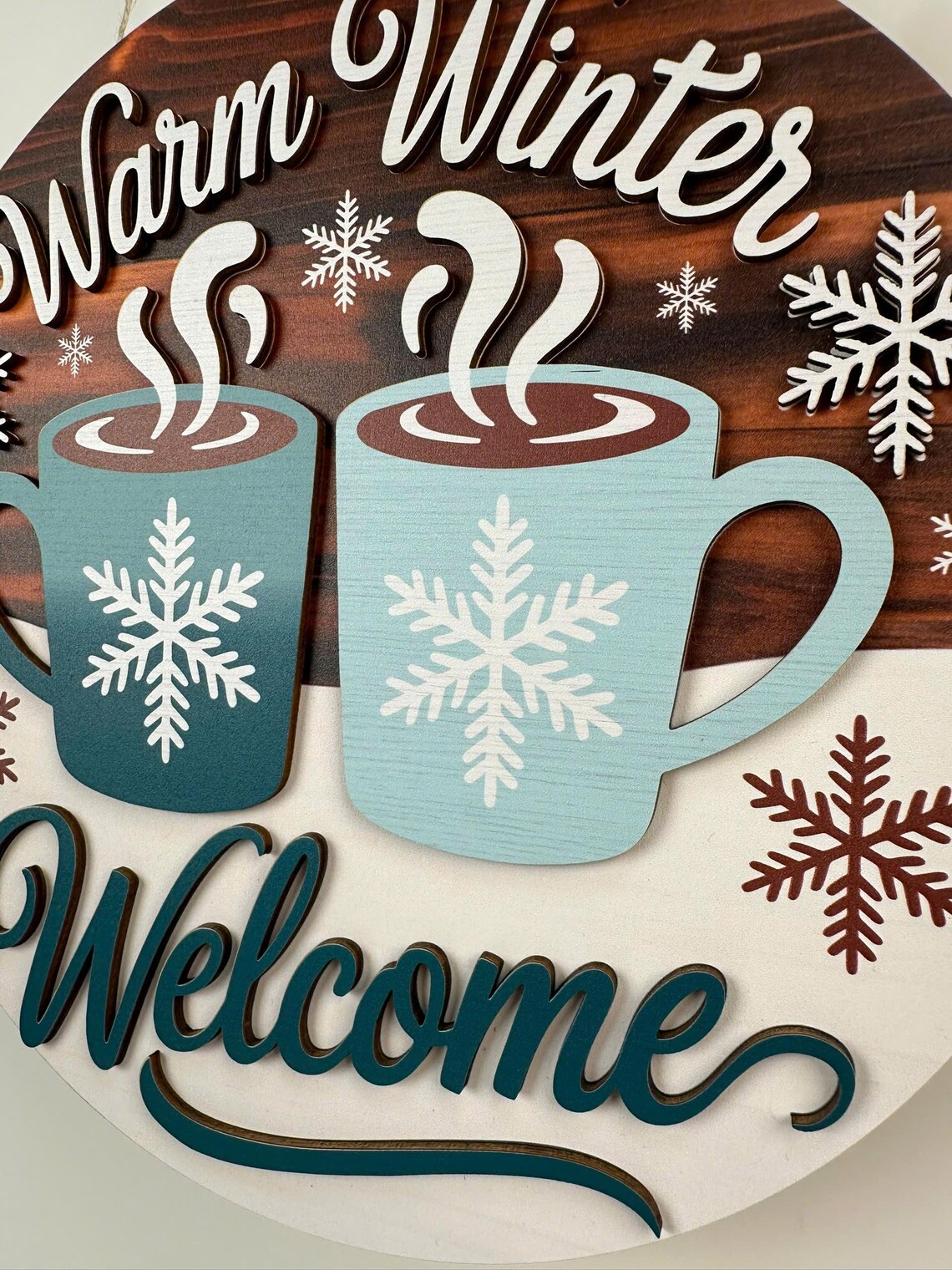 Warm Winter Welcome Sign – Round Cocoa Mug Wooden Door Hanger – Winter ...