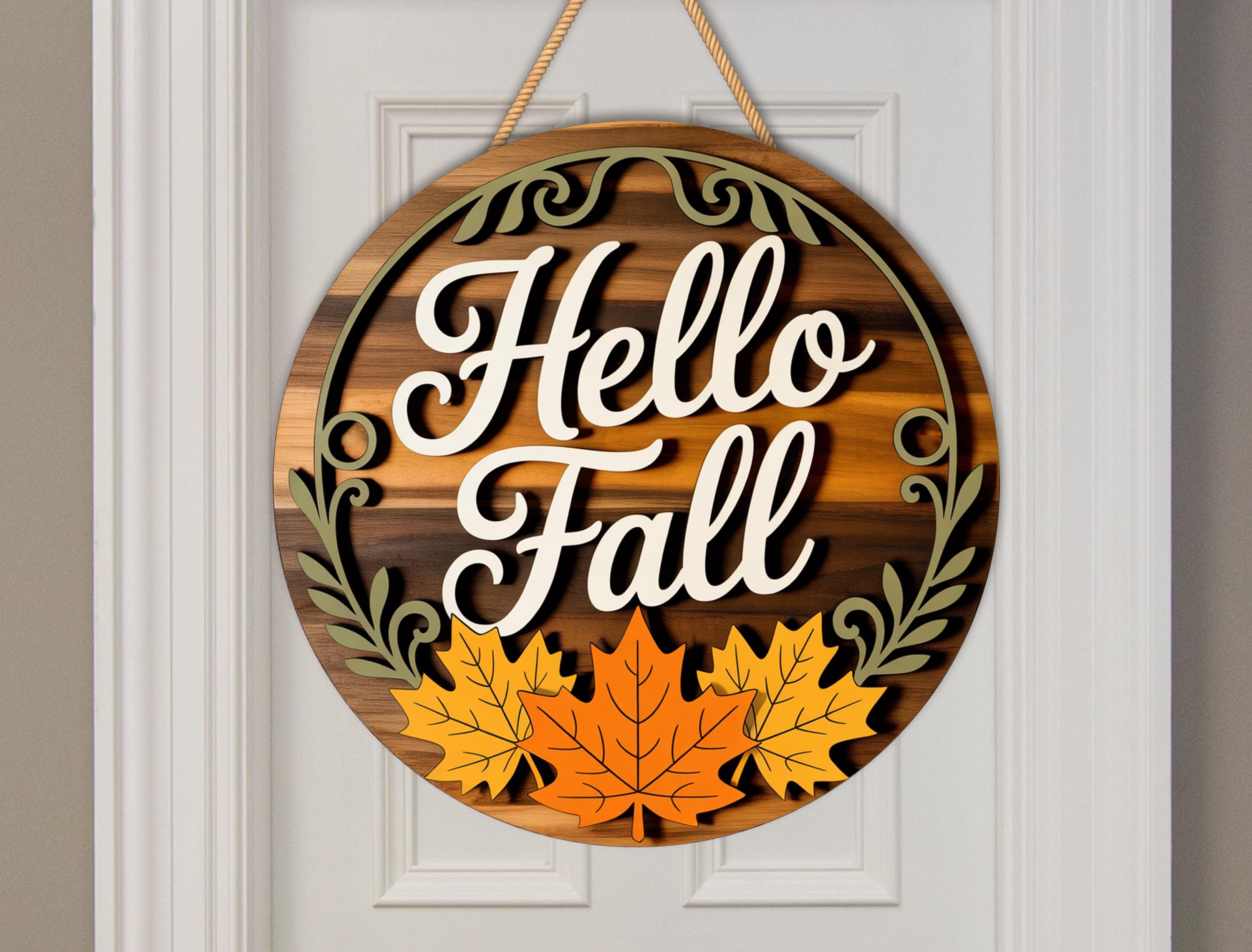 Hello Fall Wood Round Sign | Rustic Fall Door Hanger | Maple Leaf Fall ...