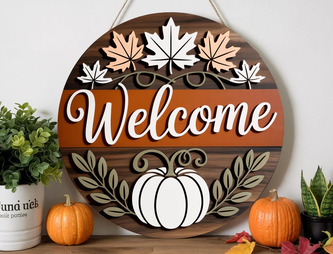 Welcome Fall Round Door Sign | White Pumpkin Autumn Porch Decor ...