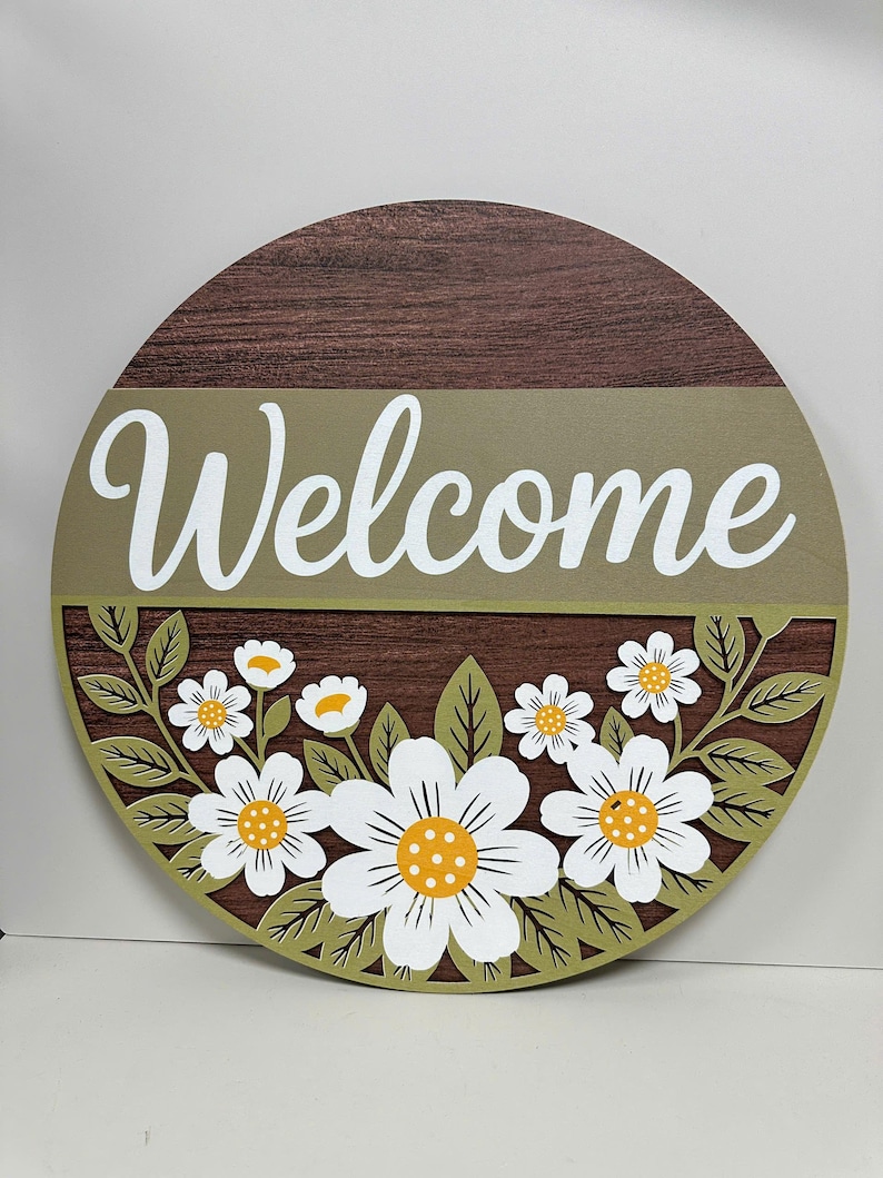 Daisy Welcome Sign | Round Wooden Door Hanger | Floral Porch Decor ...