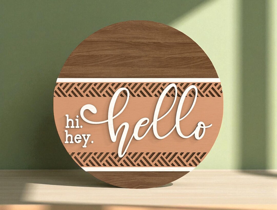 Hi Hey Welcome Door Sign | Rustic Round Wood Sign | Geometric Border ...