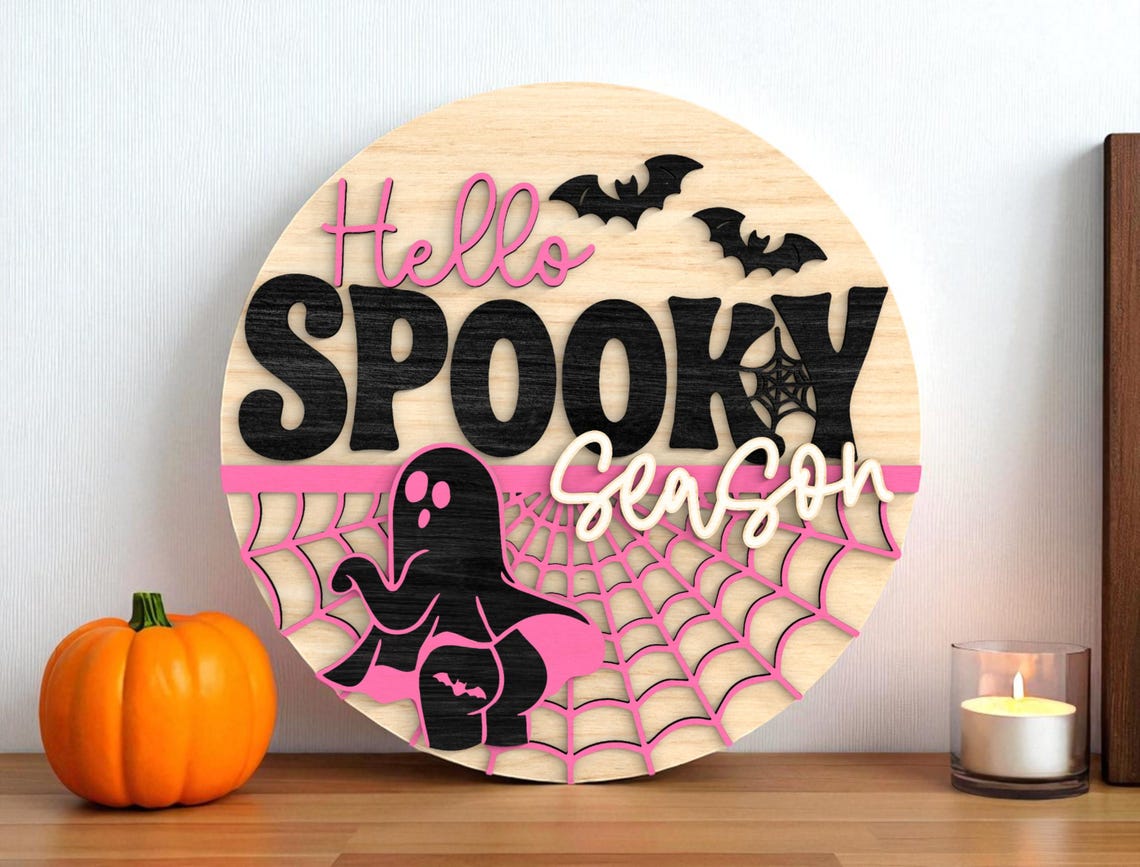 Halloween Door Hanger | Hello Spooky Season Sign With Ghost & Bats ...