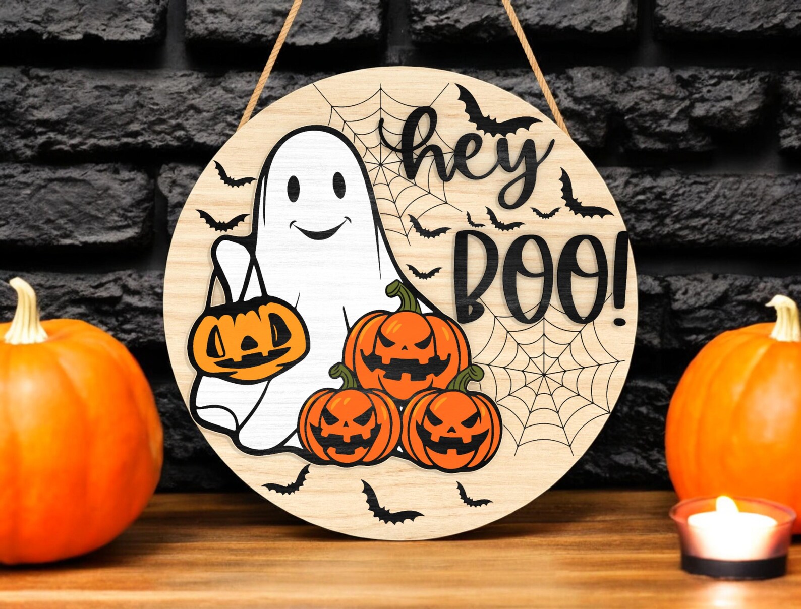 Halloween Door Hanger Hey Boo Sign | Cute Ghost and Pumpkin Wall Decor ...