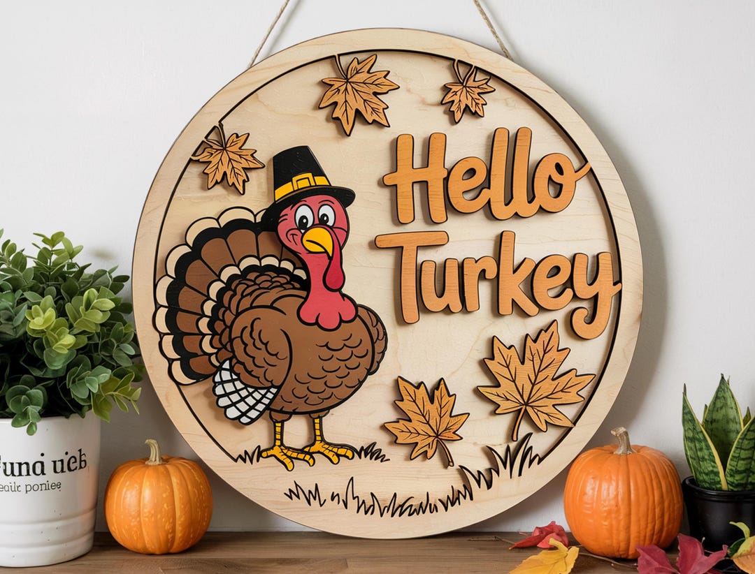 Hello Turkey Wooden Door Sign – Thanksgiving Gnome Decor With Pilgrim ...