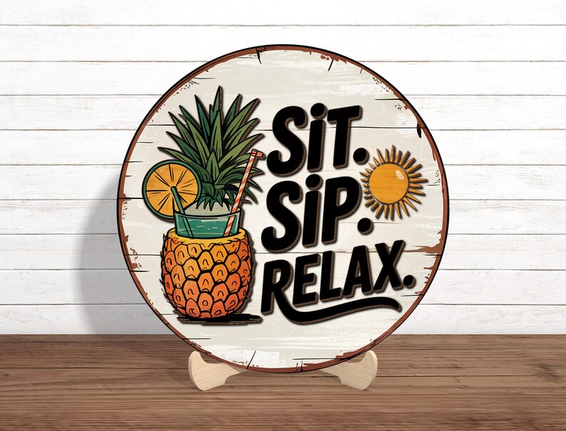 Sit Sip Relax Door Sign – Pineapple Tropical Drink Wooden Wall Decor ...