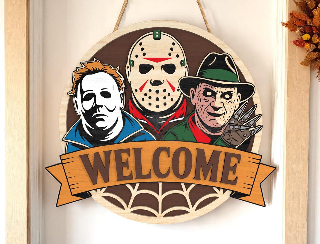 Halloween Door Hanger | Horror Icons Welcome Sign | Scary Movie Porch ...