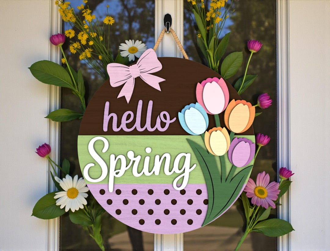 Hello Spring Round Wood Sign | Pastel Tulip Door Hanger | Floral ...