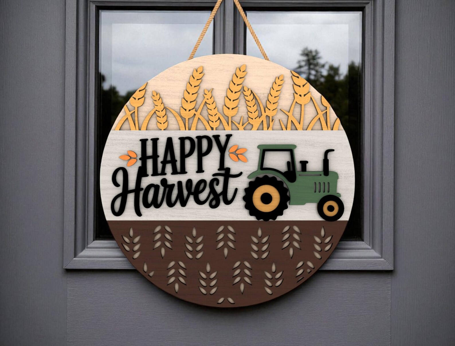 Happy Harvest Door Hanger | Wooden Farm Tractor Sign With Wheat Motif ...