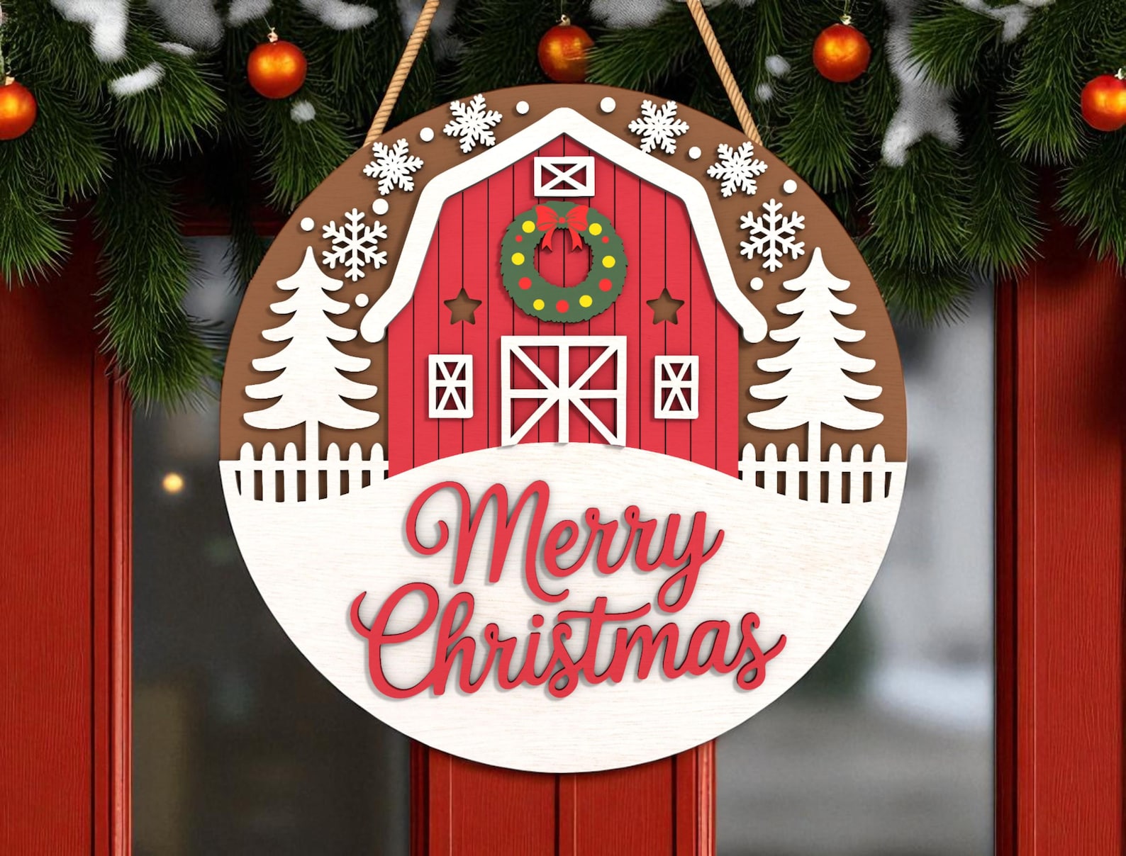 Merry Christmas Red Barn Door Hanger | Farmhouse Round Holiday Sign ...