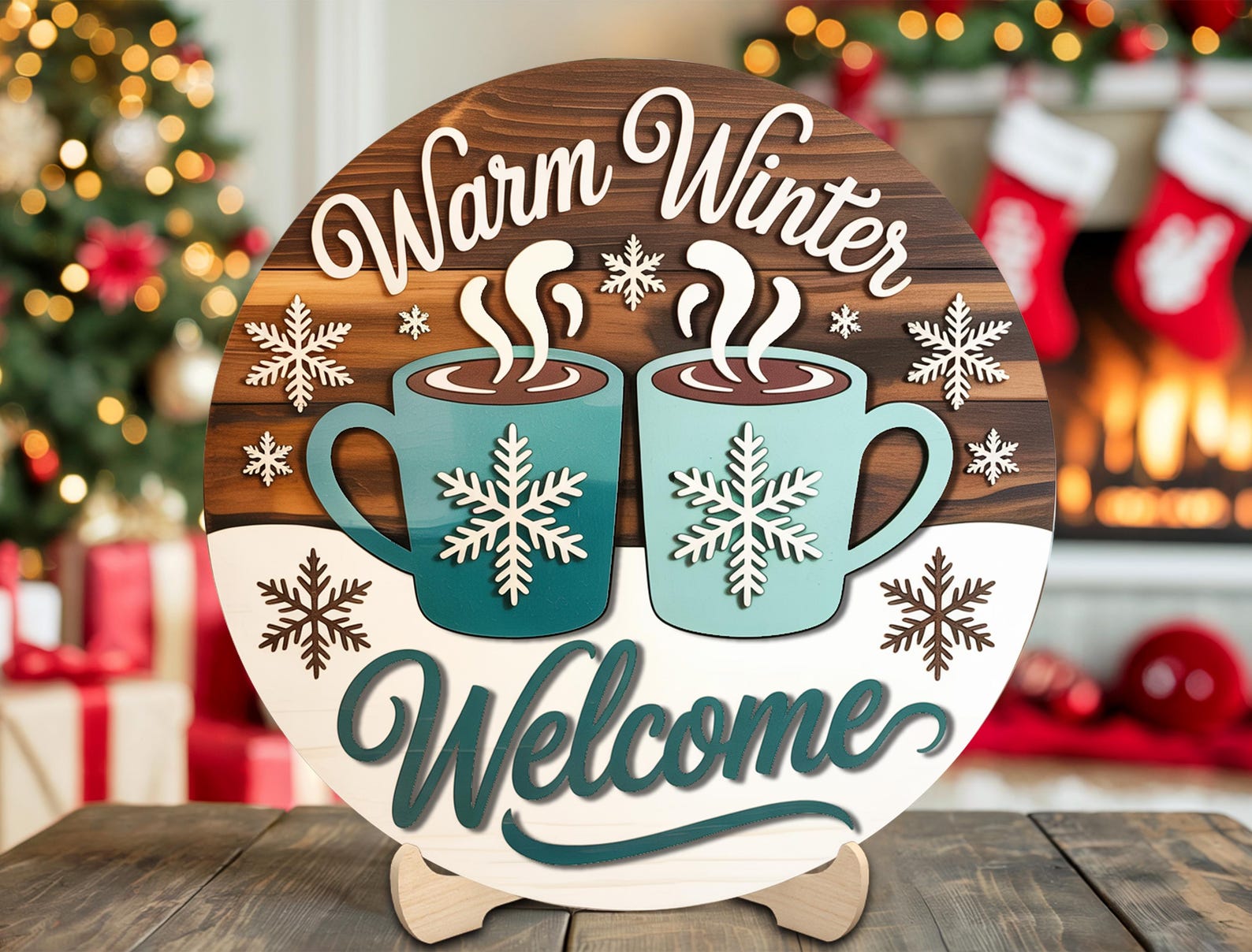 Warm Winter Welcome Sign – Round Cocoa Mug Wooden Door Hanger – Winter ...