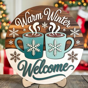 Warm Winter Welcome Sign – Round Cocoa Mug Wooden Door Hanger – Winter ...
