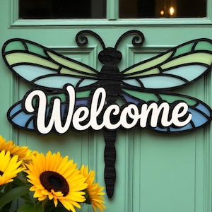 Welcome Dragonfly Sign With Pastel Wings | Summer Door Hanger | Wooden ...