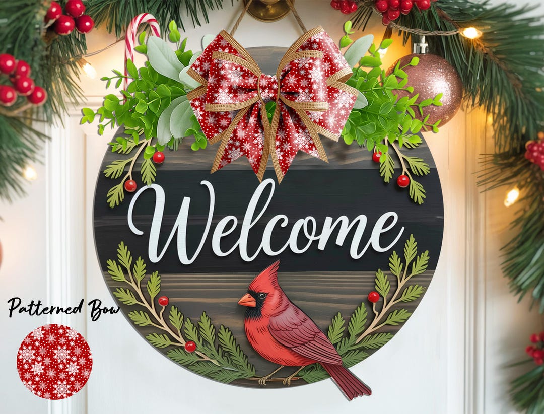 Rustic Welcome Cardinal Door Sign – Winter Wreath Round Wood Sign for ...