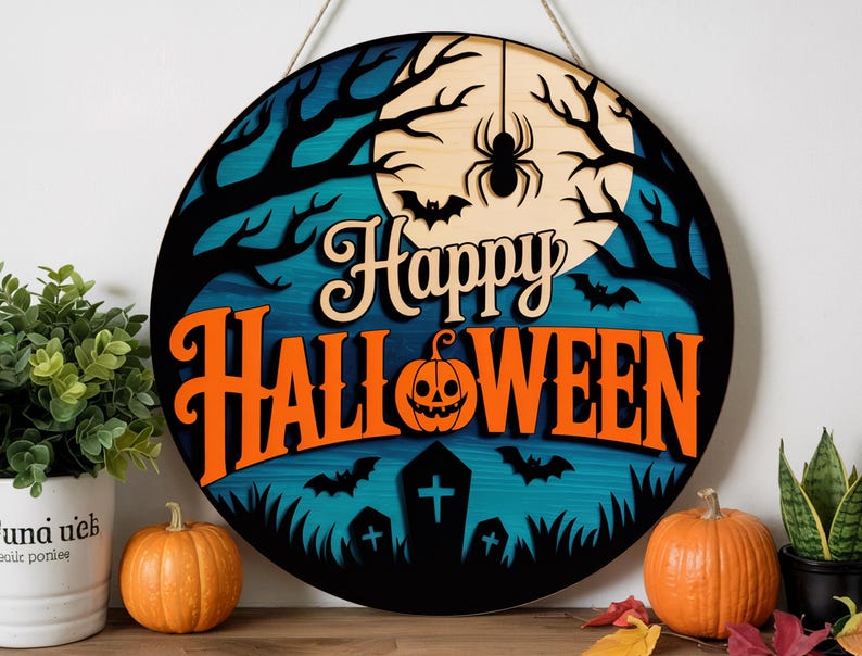 Happy Halloween Door Sign With Spider | Halloween Moon Night Wooden ...