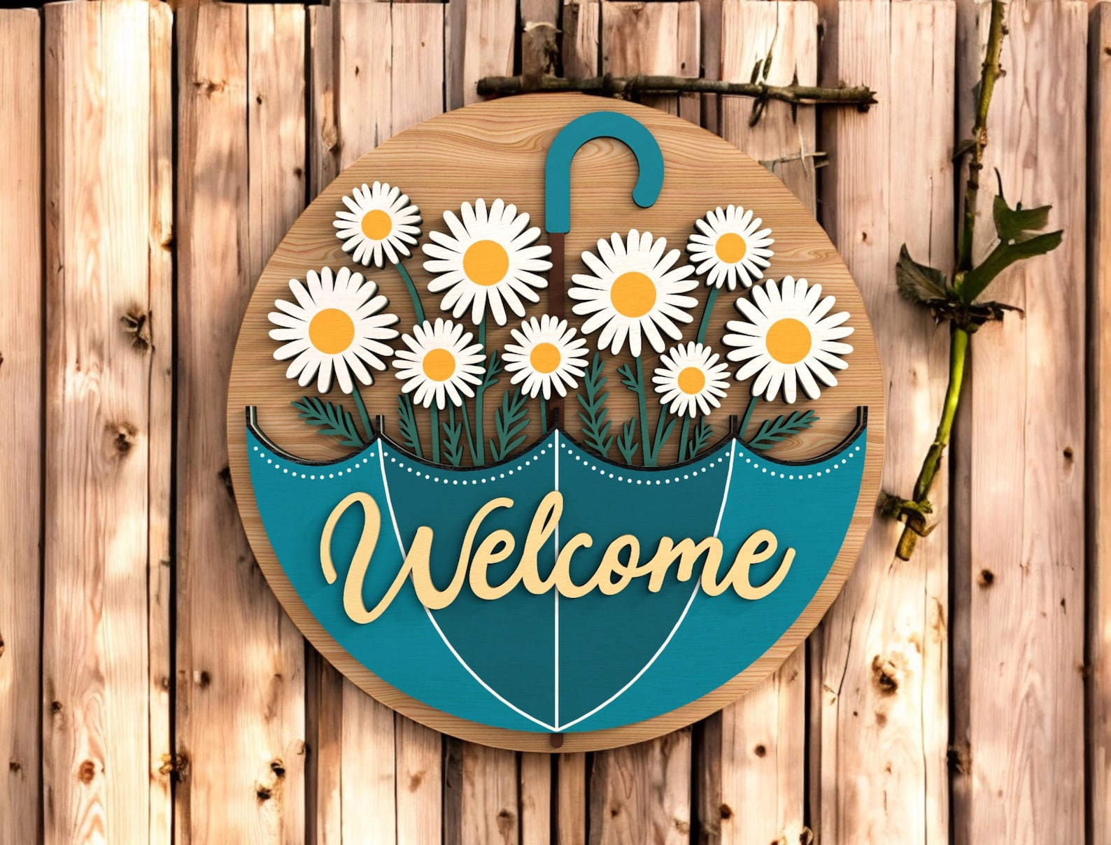 Umbrella Daisy Welcome Sign, Spring Front Door Decor, Round Wooden ...