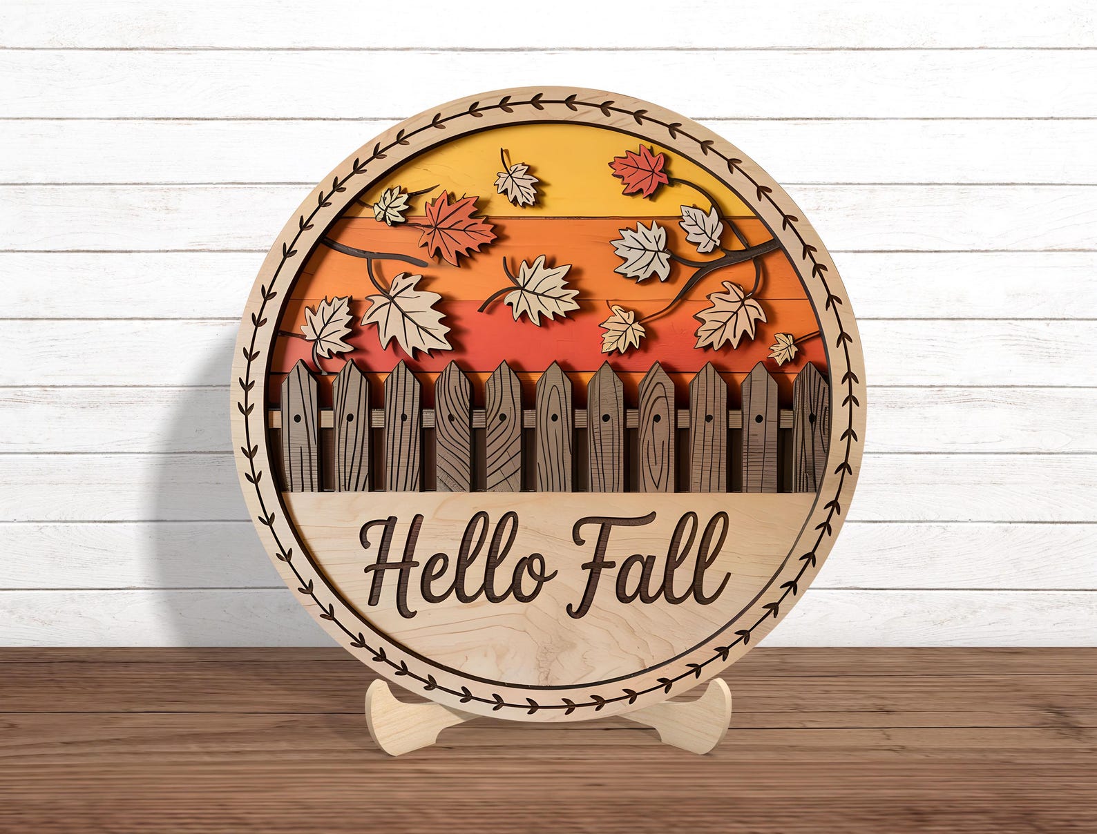 Hello Fall Round Door Sign With Rustic Fence and Autumn Leaves ...
