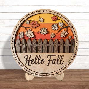 Hello Fall Round Door Sign With Rustic Fence and Autumn Leaves ...