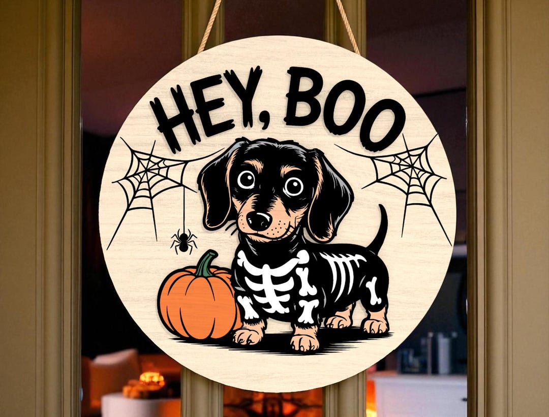 Halloween Door Hanger | Hey Boo Skeleton Dog Round Sign With Pumpkin ...