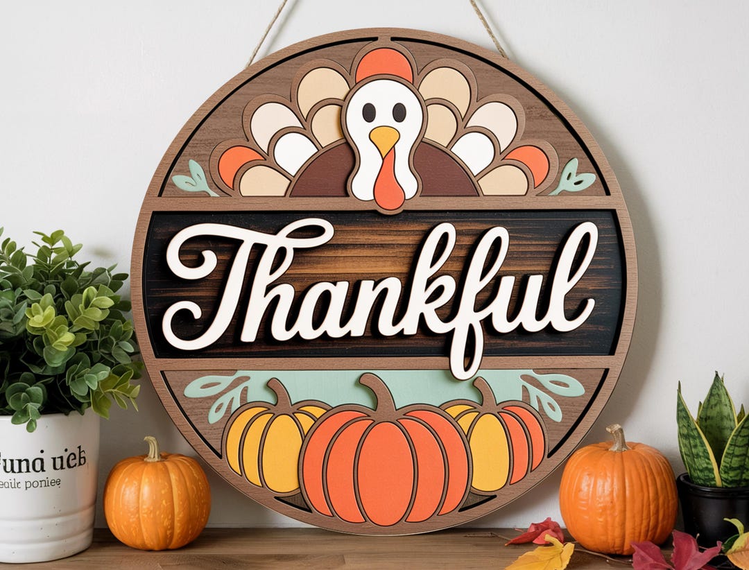 Thankful Thanksgiving Door Sign | Layered Turkey & Pumpkin Fall Door ...