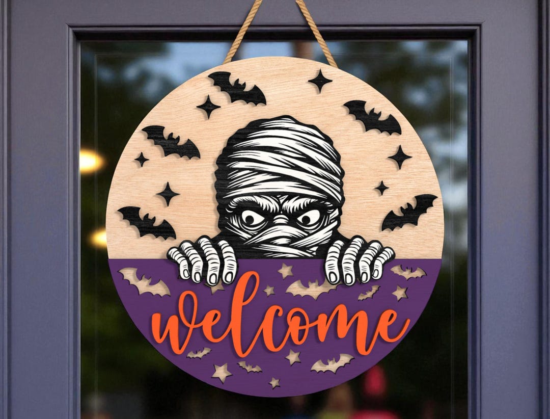 Halloween Door Hanger | “welcome” Creepy Mummy With Bats Design ...