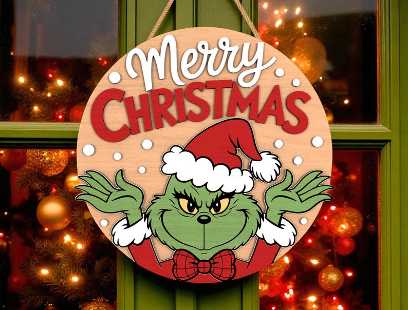 Merry Christmas Door Hanger: Green Cartoon Character, Wooden Holiday ...