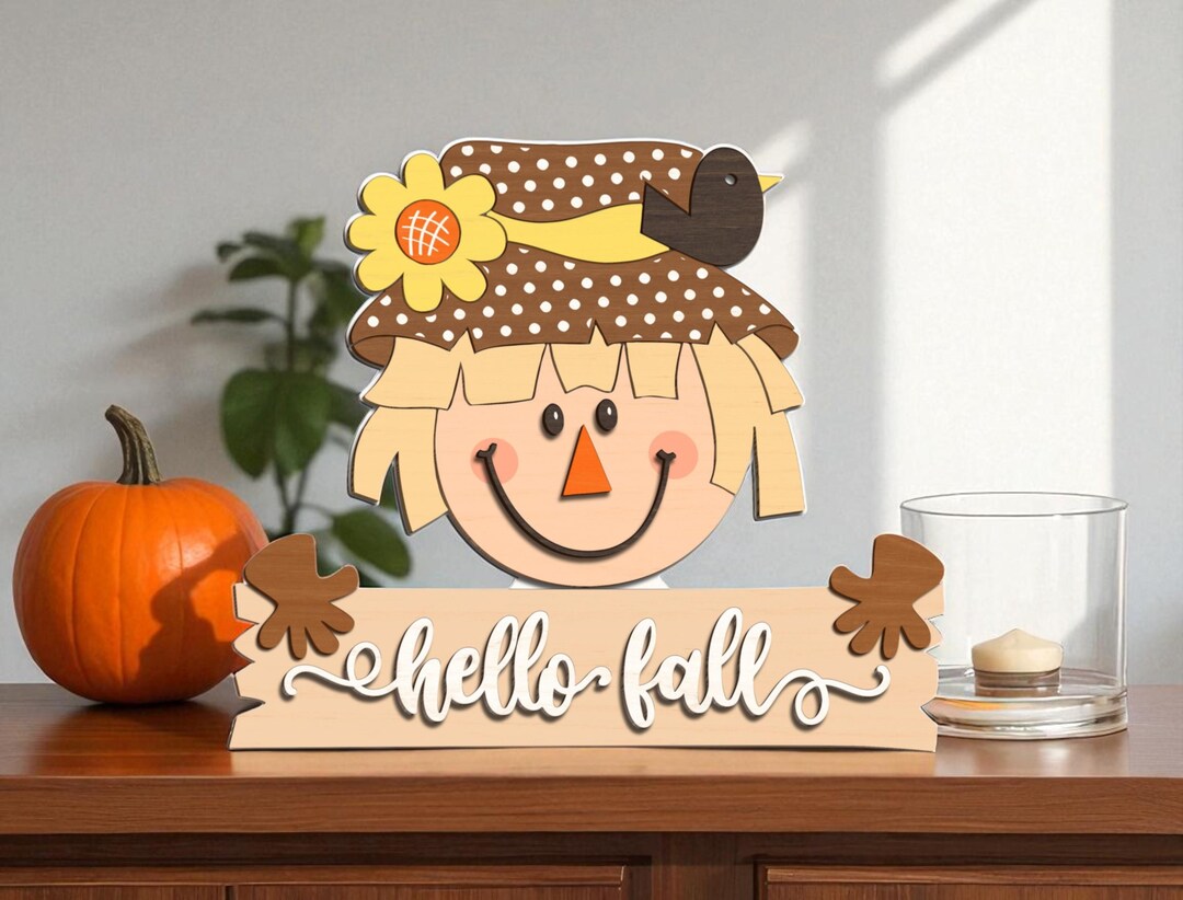 Hello Fall Door Hanger | Cute Scarecrow Autumn Sign | Wooden Rustic ...