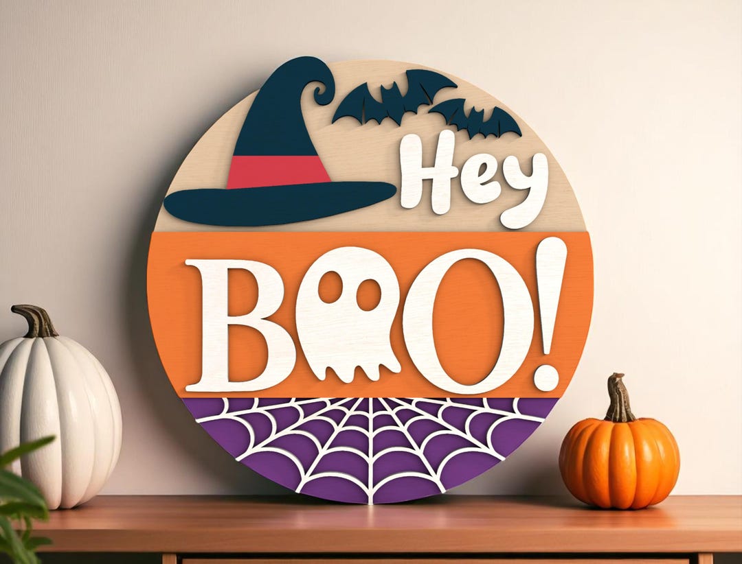 Halloween Door Sign | Hey Boo Ghost Sign With Witch Hat | Multilayer ...