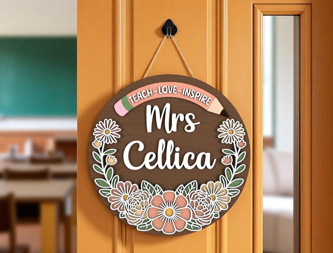 Custom Classroom Door Sign, Teach Love Inspire Pencil Floral Door ...