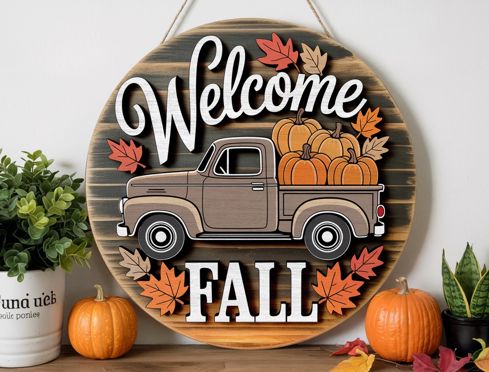 Welcome Fall Wood Sign With Vintage Truck and Pumpkins | Fall Door ...