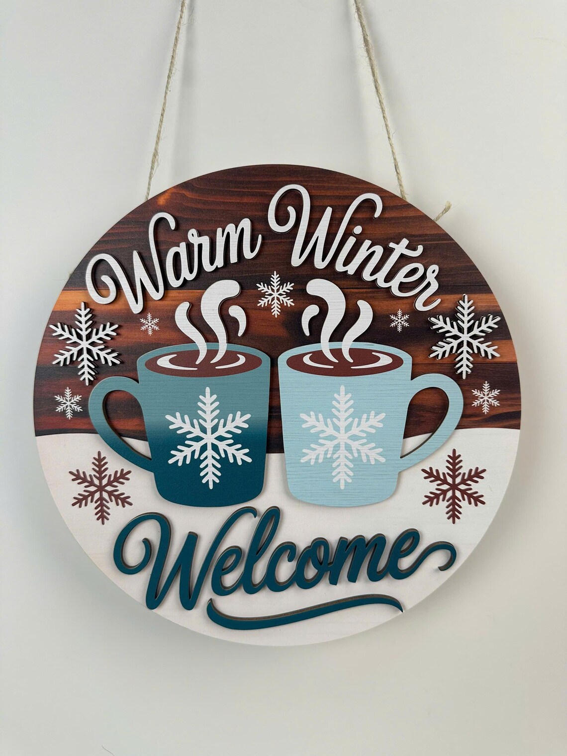 Warm Winter Welcome Sign – Round Cocoa Mug Wooden Door Hanger – Winter ...