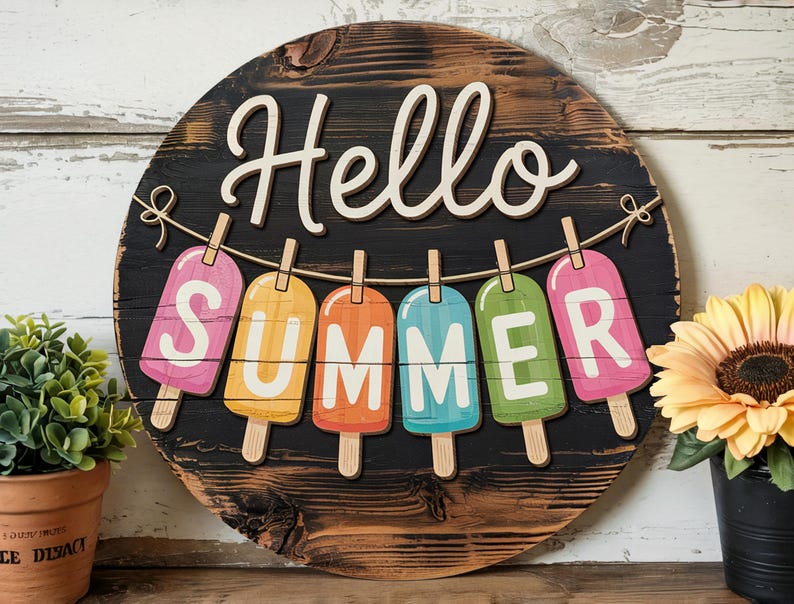 Hello Summer Sign – Popsicle Garland Wooden Door Hanger,colorful Ice ...