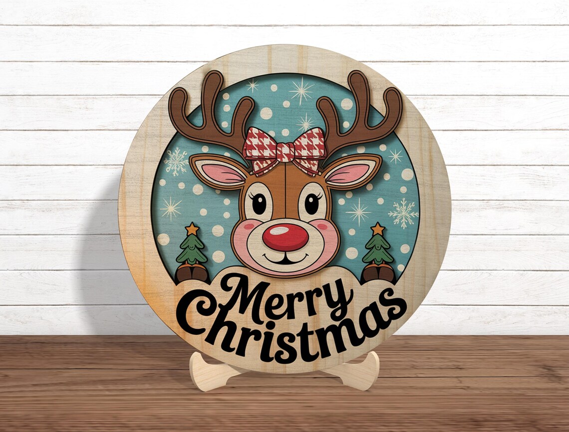 Merry Christmas Girl Reindeer Sign – Cute Layered Wooden Door Hanger ...