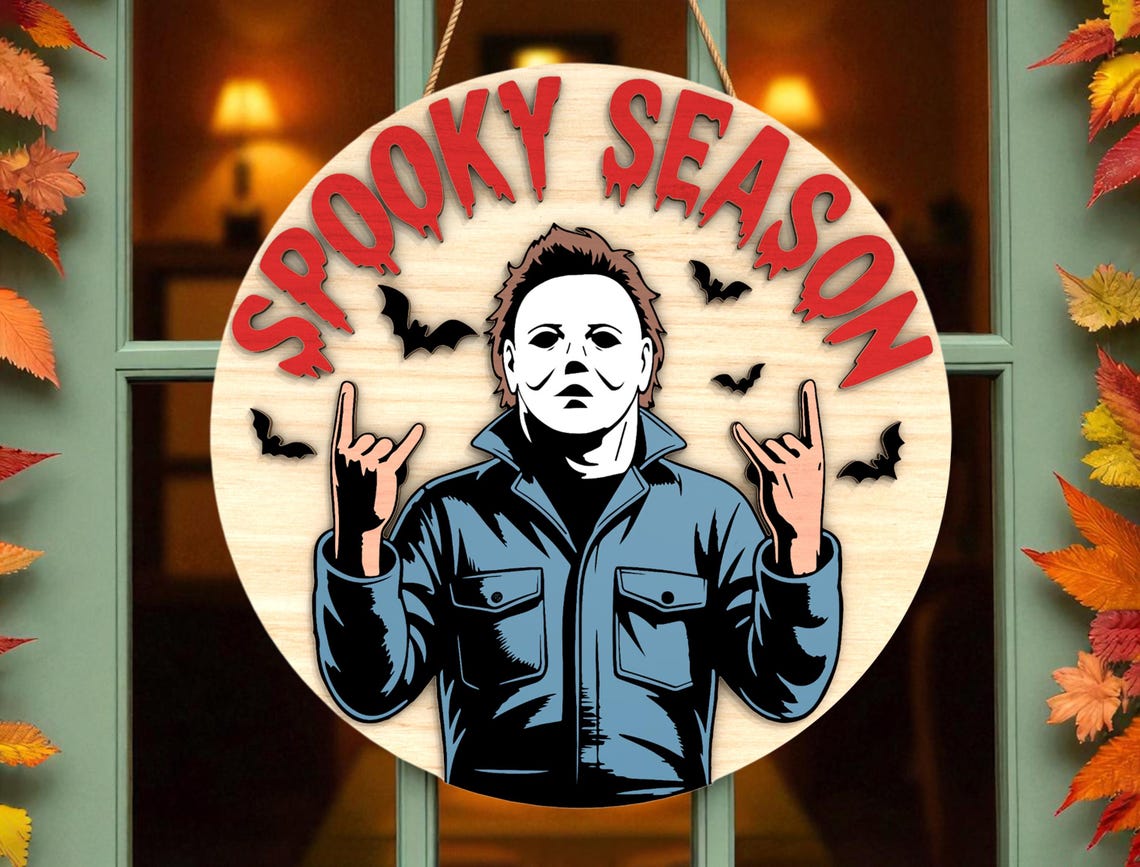 Halloween Door Hanger | Spooky Season Wooden Sign | Horror Movie Masked ...
