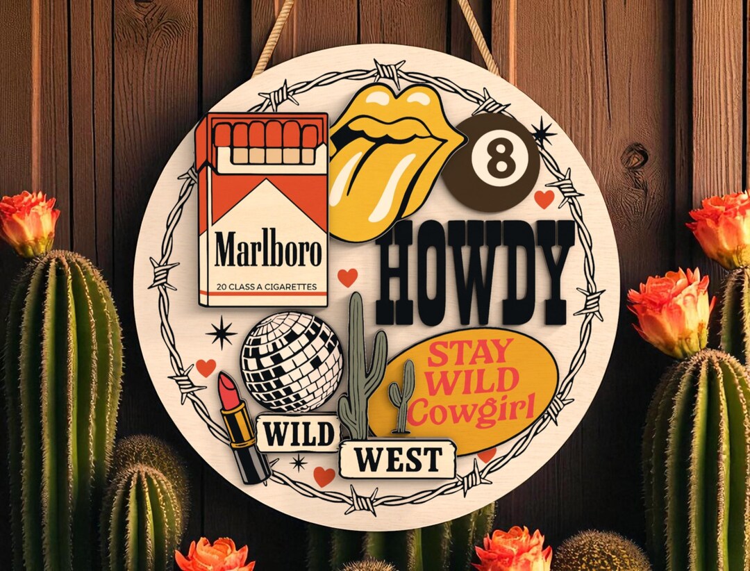 Western Cowgirl Door Hanger | Howdy Wild West Wall Sign | Retro Disco ...