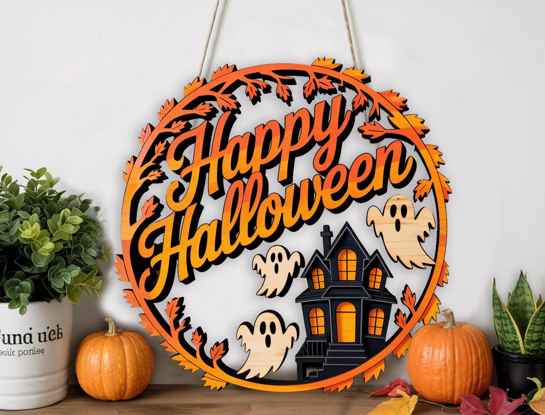 Happy Halloween Door Sign – Cute Ghost Haunted House Fall Wreath ...