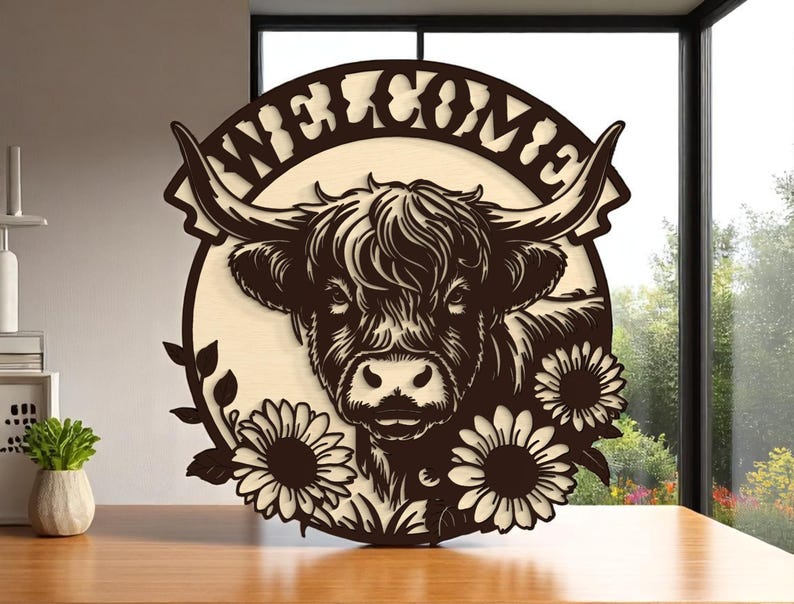 Highland Cow Welcome Sign | Rustic Farmhouse Door Hanger With ...