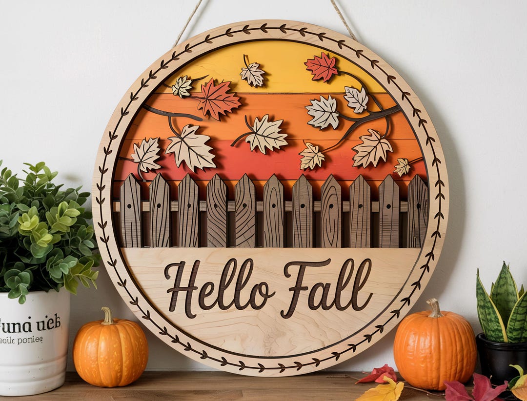 Hello Fall Round Door Sign With Rustic Fence and Autumn Leaves ...