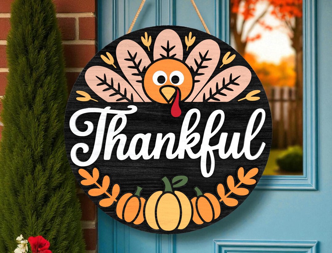 Thanksgiving Door Hanger | Thankful Turkey Fall Sign With Pumpkins ...