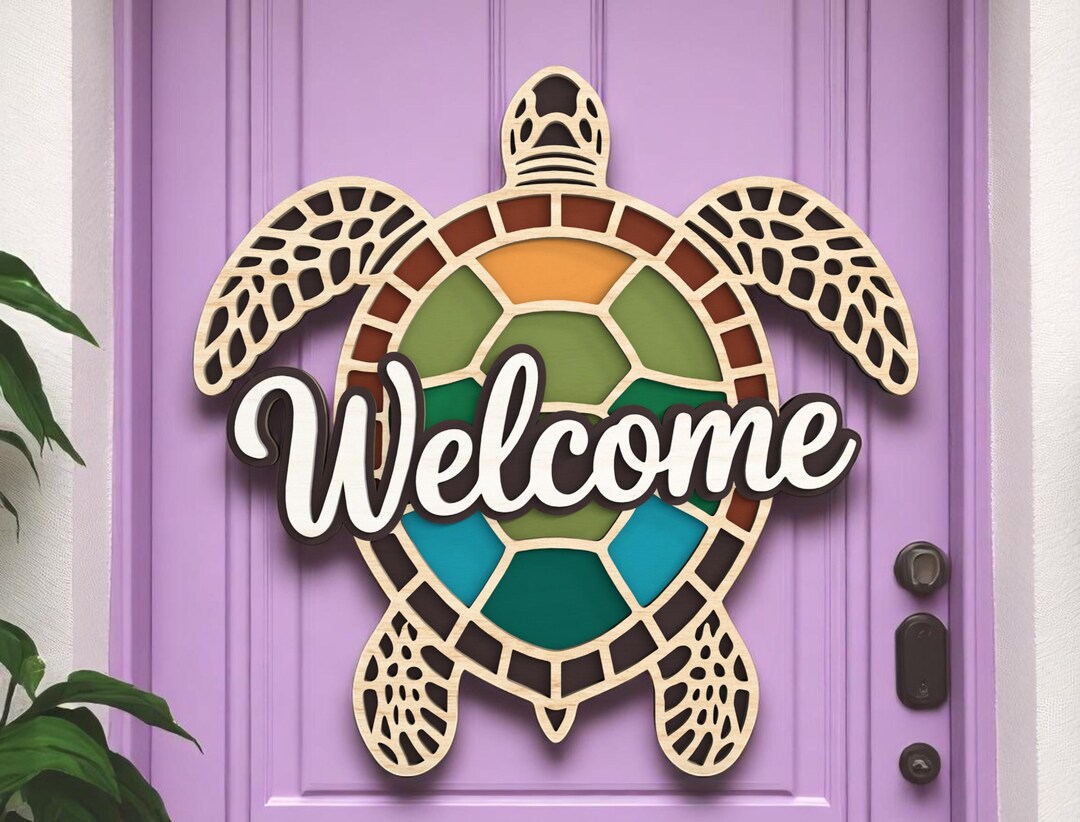 Welcome Sea Turtle Sign With Rainbow Shell | Summer Door Hanger | Ocean ...
