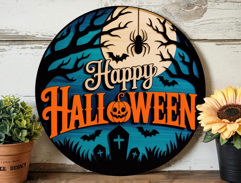 Happy Halloween Door Sign With Spider | Halloween Moon Night Wooden ...