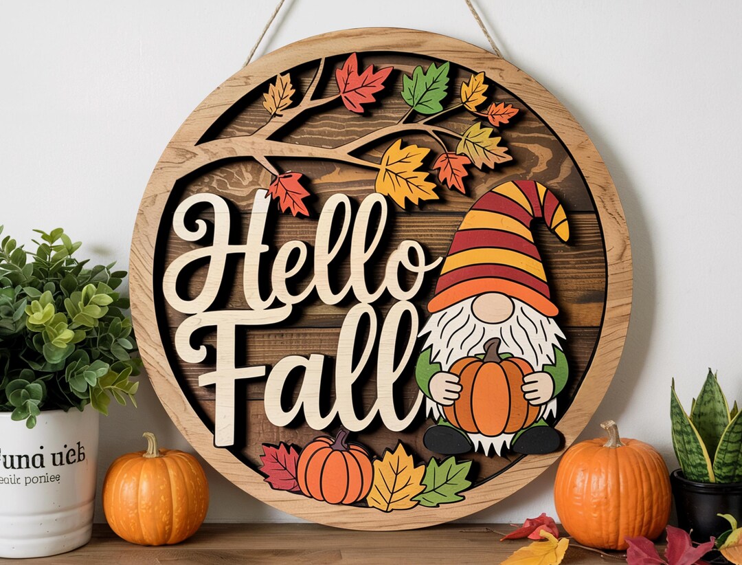 Hello Fall Gnome Door Sign – Rustic Wooden Autumn Decor With Pumpkin ...