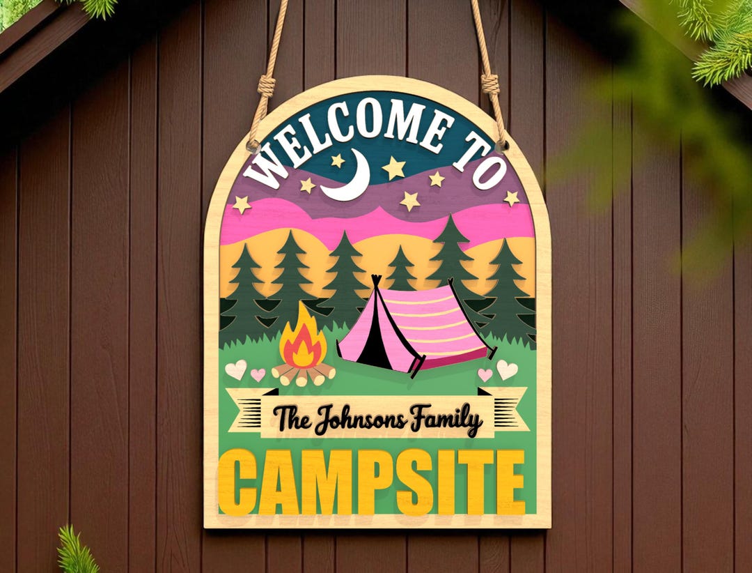 Personalized Campsite Door Sign | Night Forest Tent Scene With Campfire ...