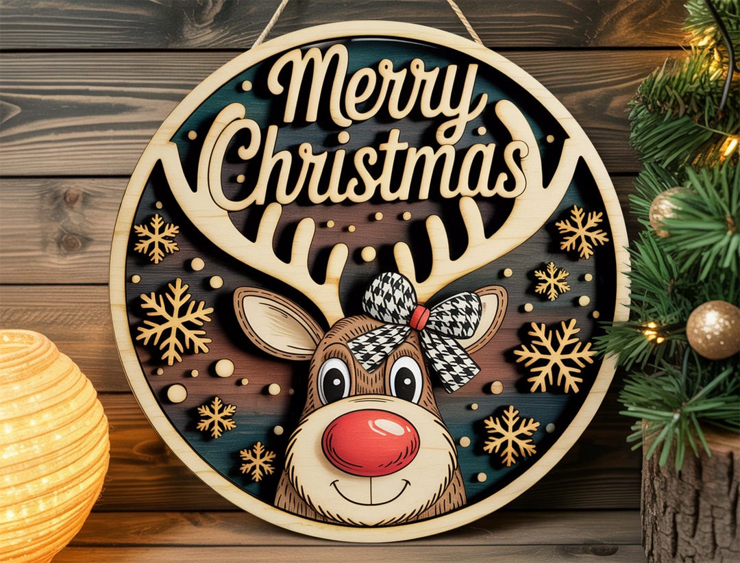 Cute Reindeer Merry Christmas Sign – Layered Wooden Holiday Door Hanger ...