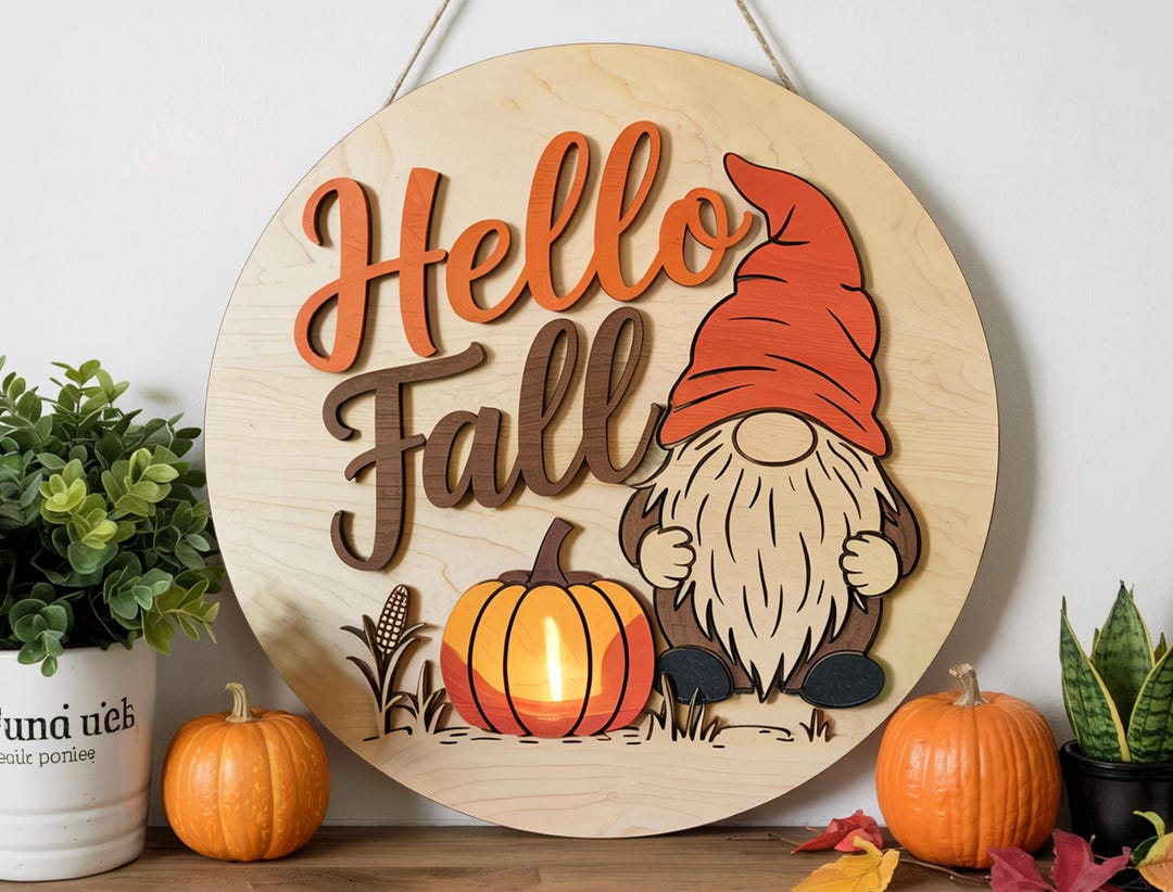 Hello Fall Gnome Door Sign With Pumpkin Lantern – Autumn Farmhouse ...