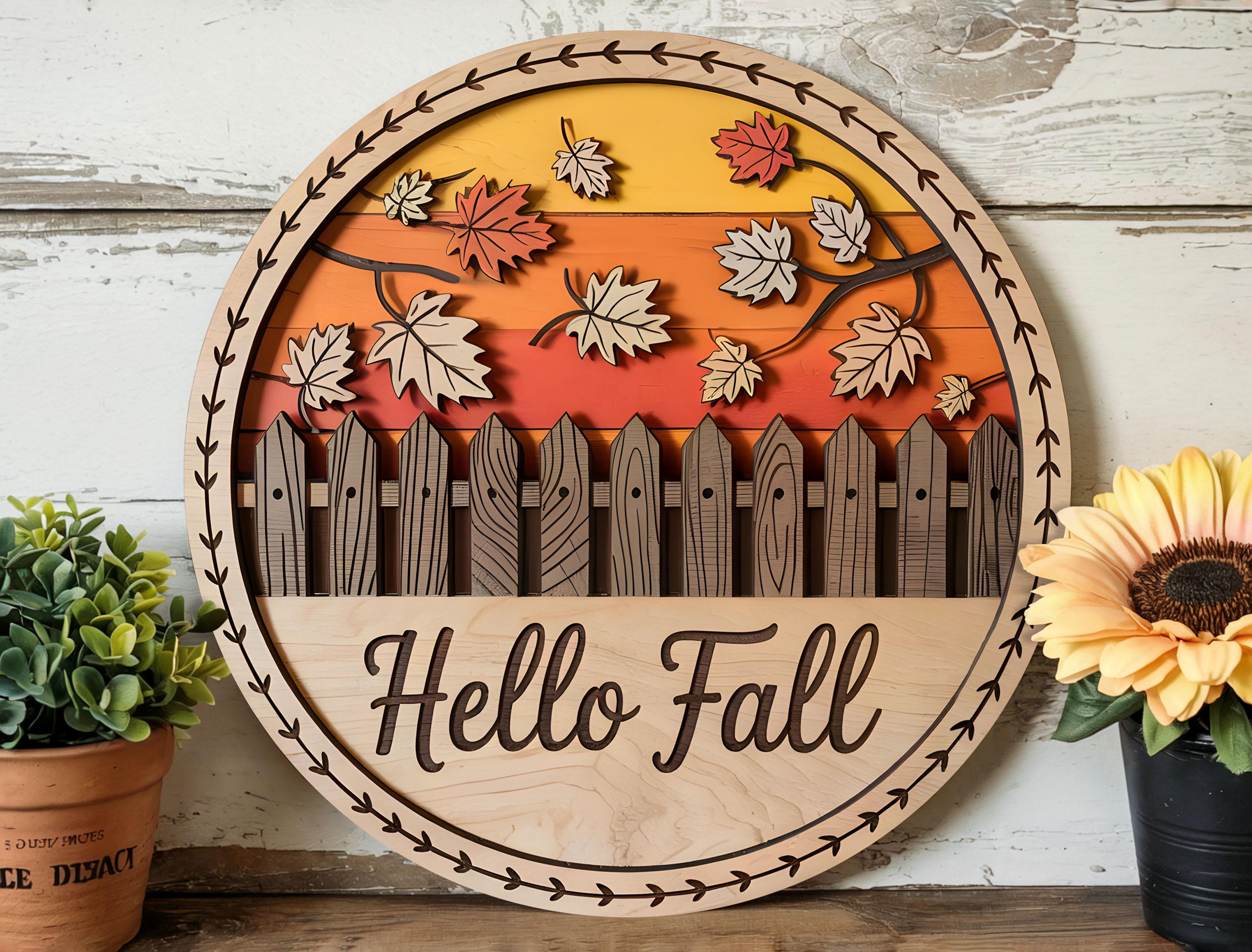 Hello Fall Round Door Sign With Rustic Fence and Autumn Leaves ...