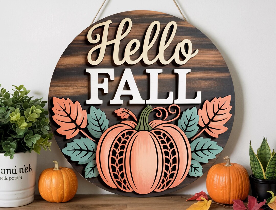 Hello Fall Door Sign With Patterned Pumpkin | Layered Autumn Wooden ...