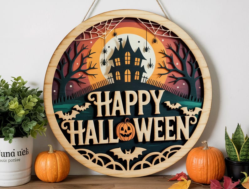 Happy Halloween Door Hanger | Haunted House Spooky Night Wooden Sign ...